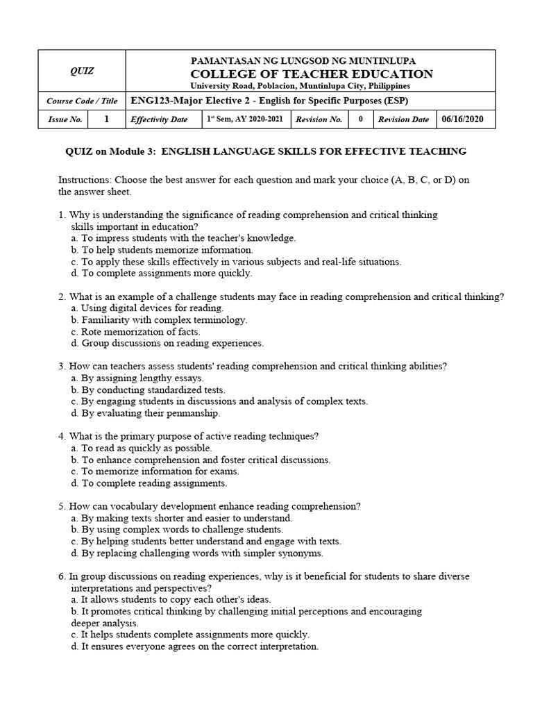 Quiz on Critical Thinking Skills in ESP | PDF | Reading Comprehension ...