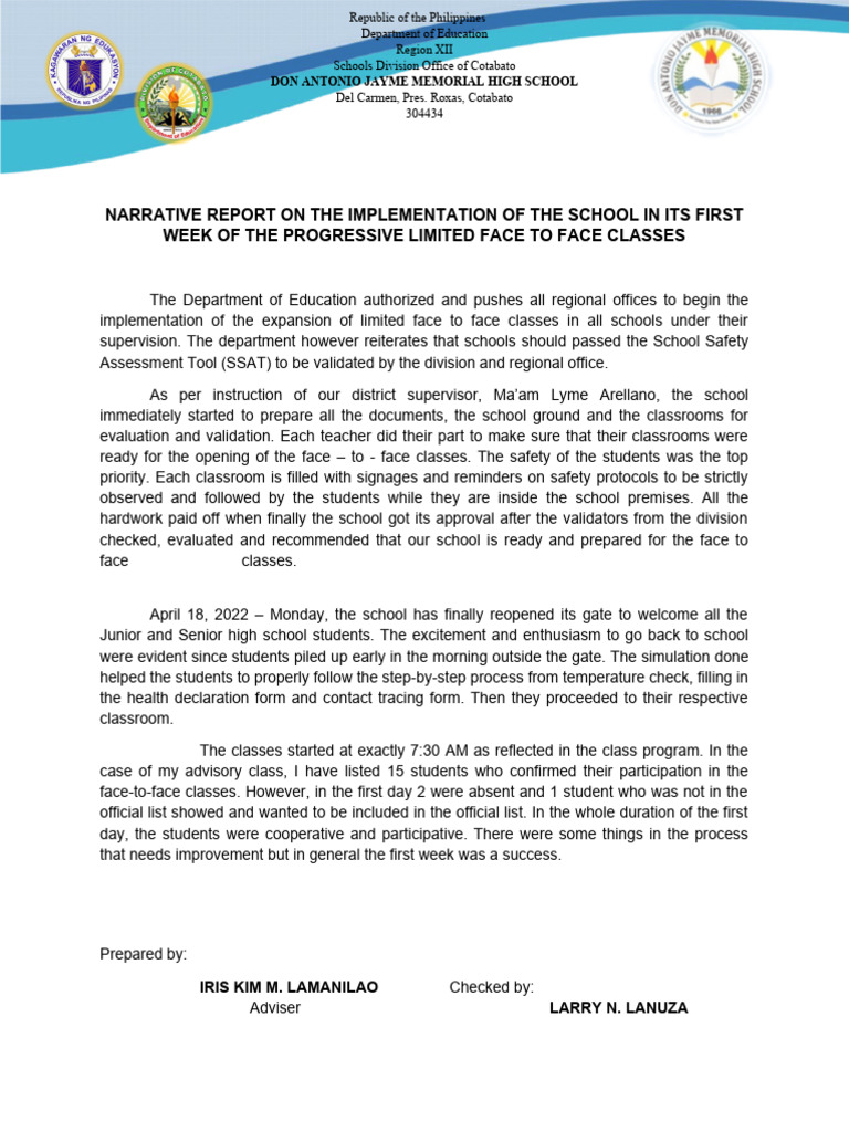 Narrative Report On First Week | PDF