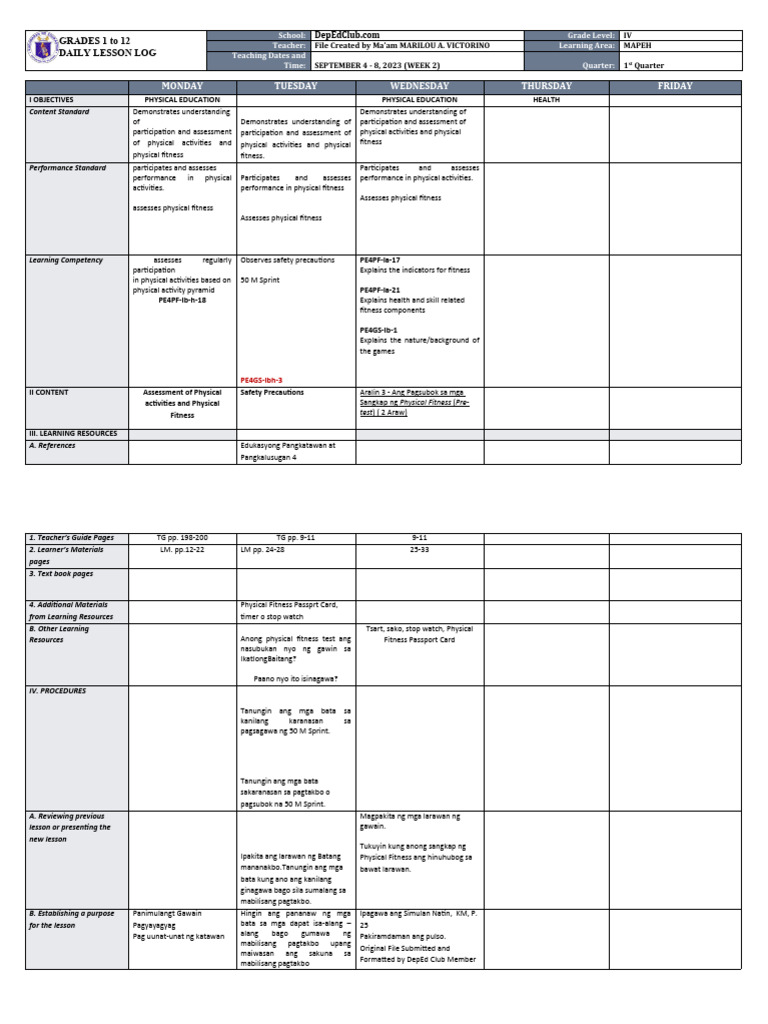 DLL - Mapeh 4 - Q1 - W2 | PDF | Cognition | Behavior Modification