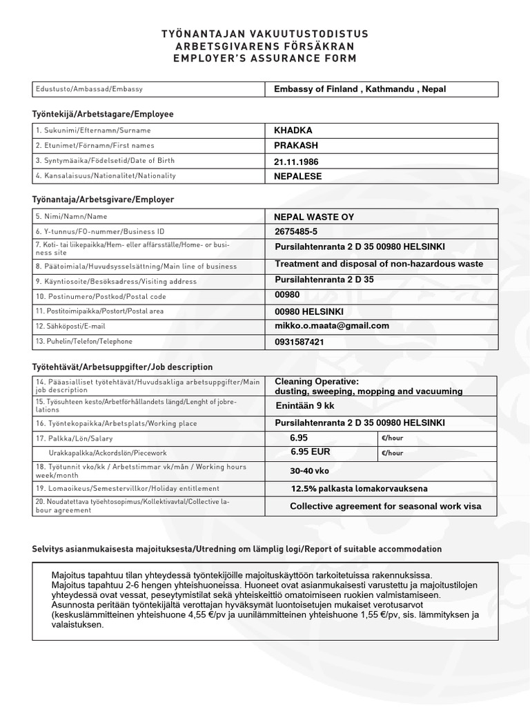 Työnantajan Vakuutustodistus Arbetsgivarens Försäkran Employer'S ...