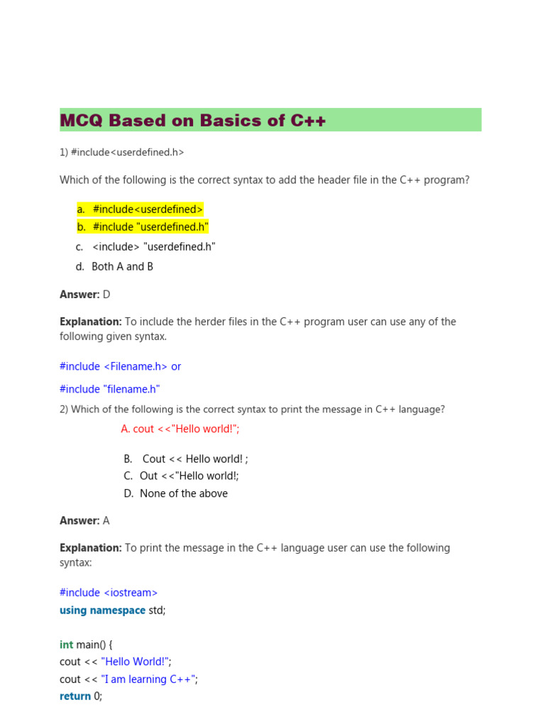 MCQ Based On Basics of C | Download Free PDF | C++ | Pointer (Computer Programming)