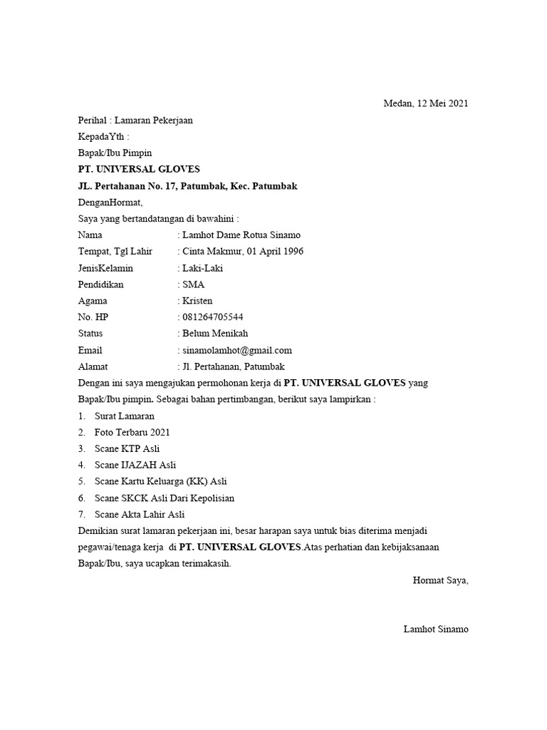 Surat Lamaran Pt. Universal Gloves | PDF