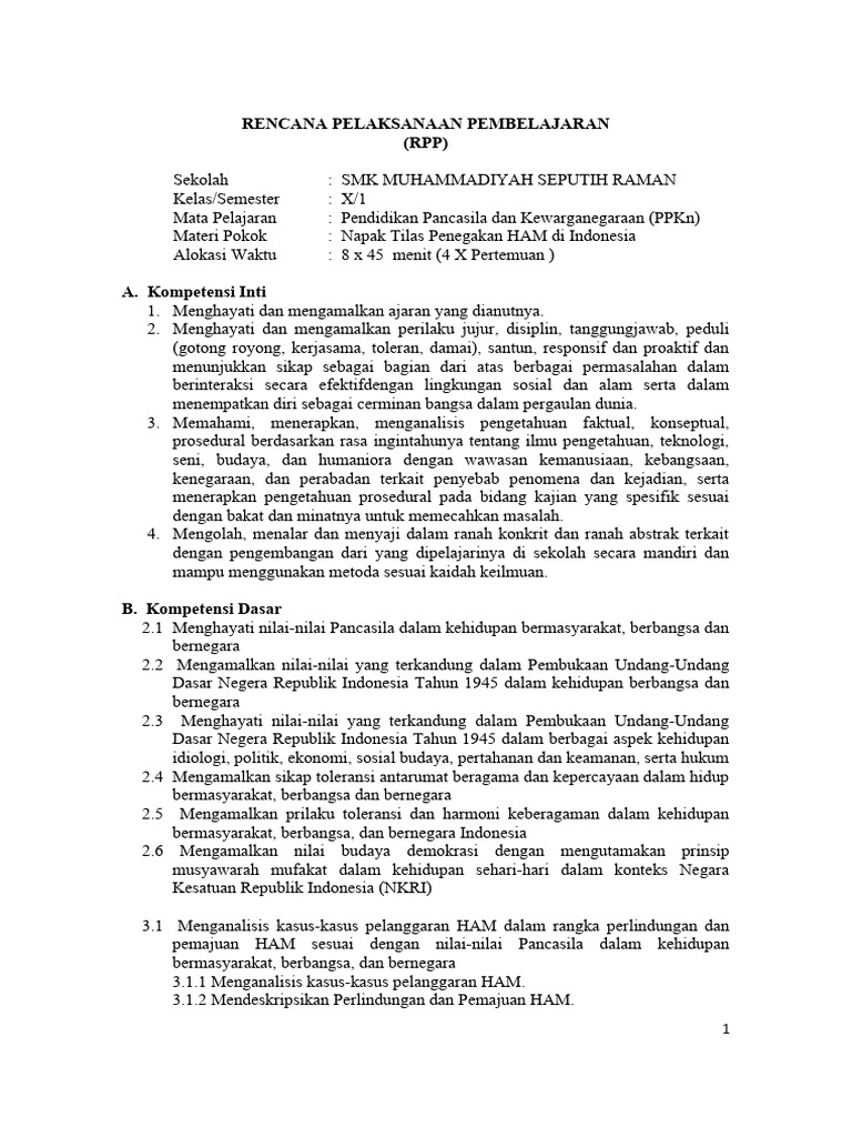 RPP PPKn Kelas X: Penegakan HAM | PDF