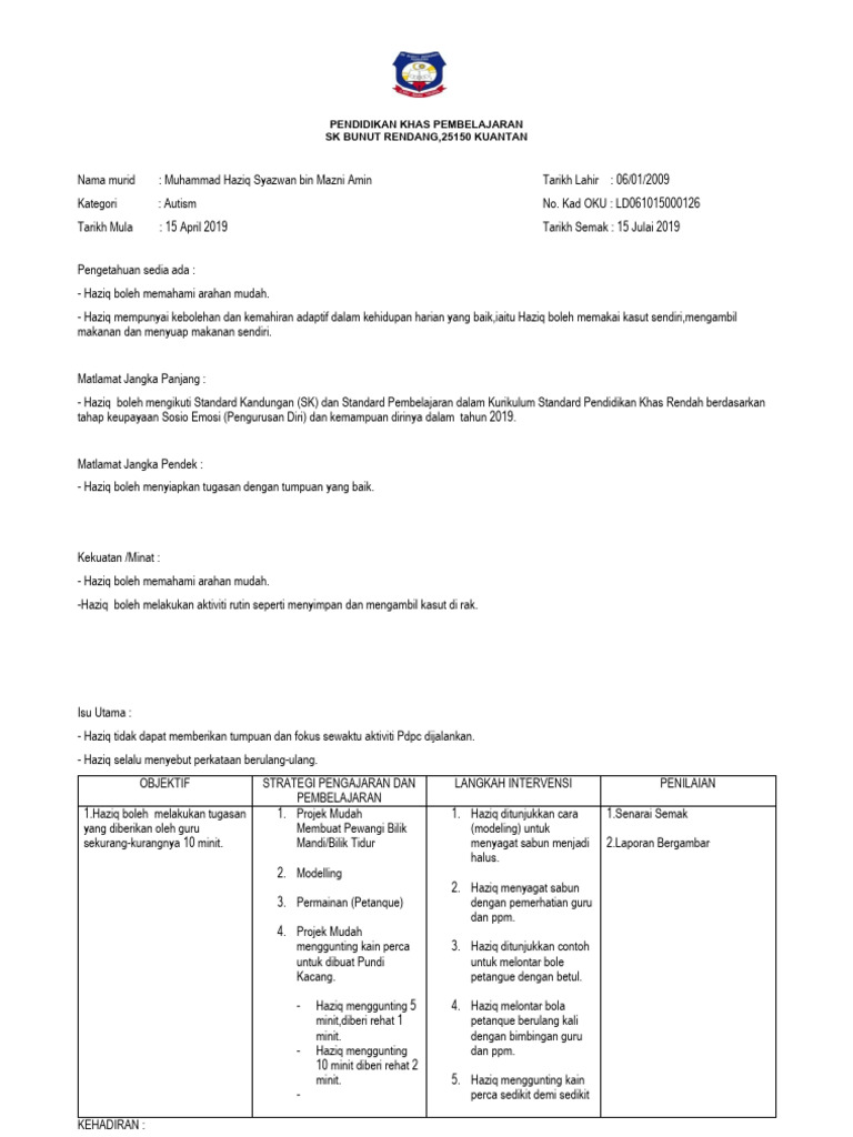 Contoh Borang-Rpi-Manual-Haziq Autisme | PDF