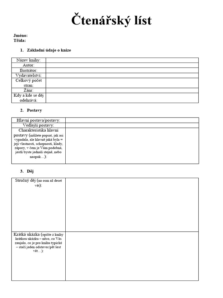 Čtenářský Deník Šablona I. | PDF