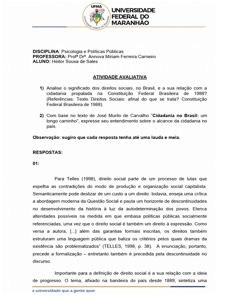 Atividade - Avaliativa - I - Respondida - Heitor Sousa de Sales | PDF | Estado | Cidadania