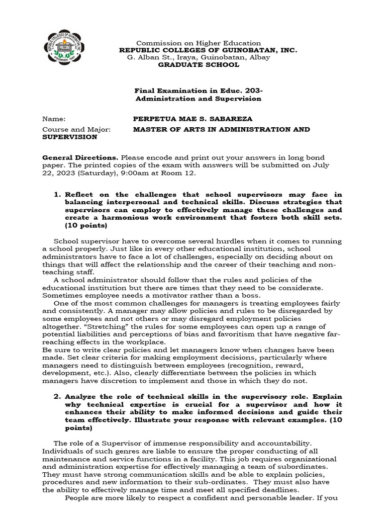 Final Exam in Educ 203. Administration and Supervision | PDF | Leadership | Employment