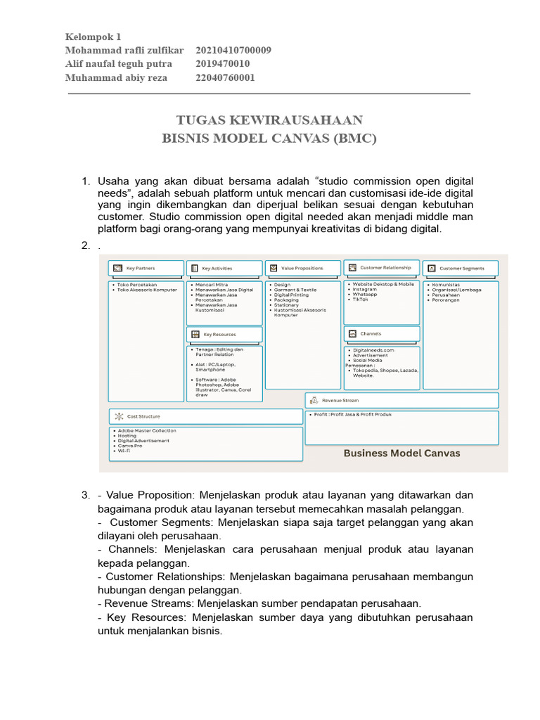 Tugas Kewirausahaan Bisnis Model Canvas (BMC) | PDF