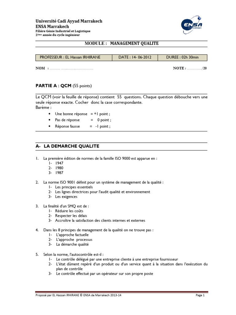 QCM Management Qualité ENSA Marrakech | PDF | Système de management de ...