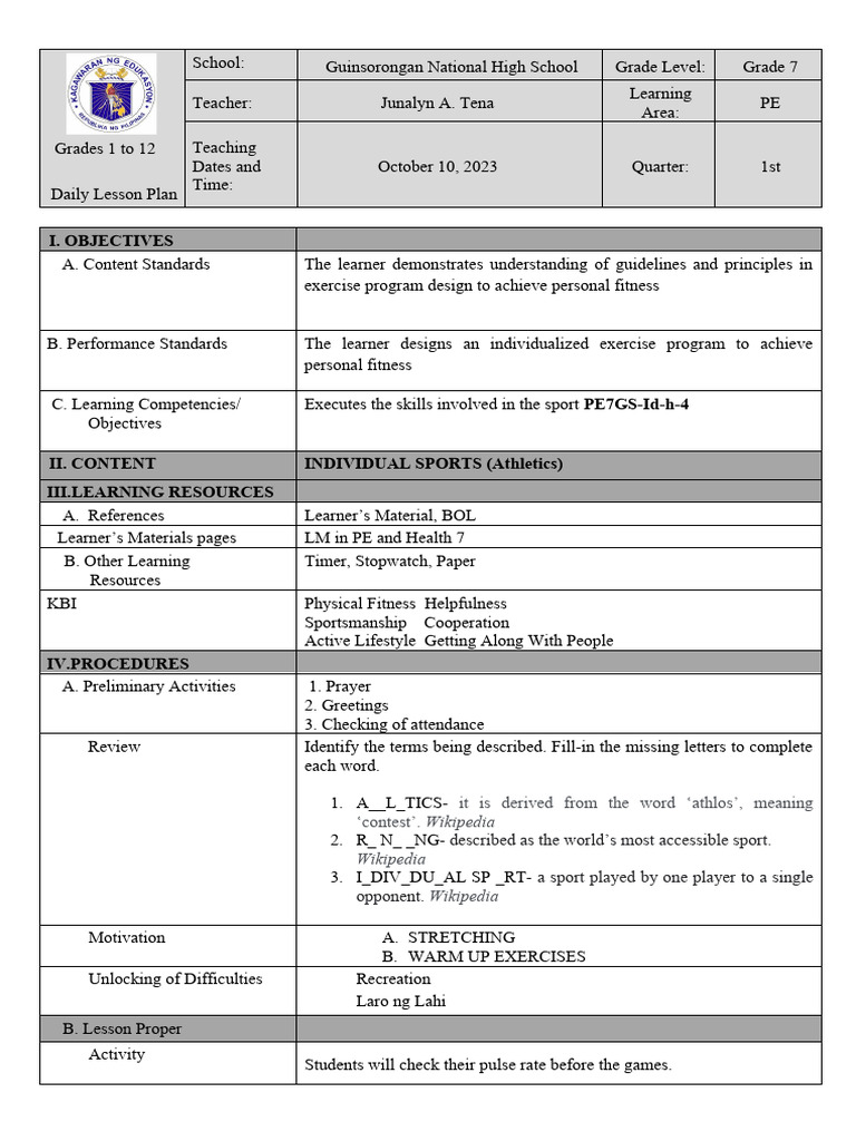 Grade 7 PE Daily Lesson Plan | PDF | Learning | Cognitive Science