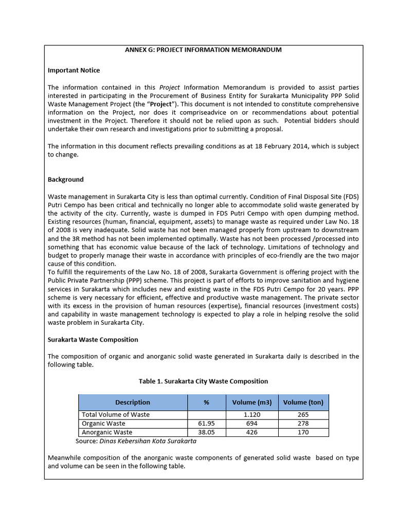ANNEX G - Project Information Memorandum | PDF | Waste | Environmental ...