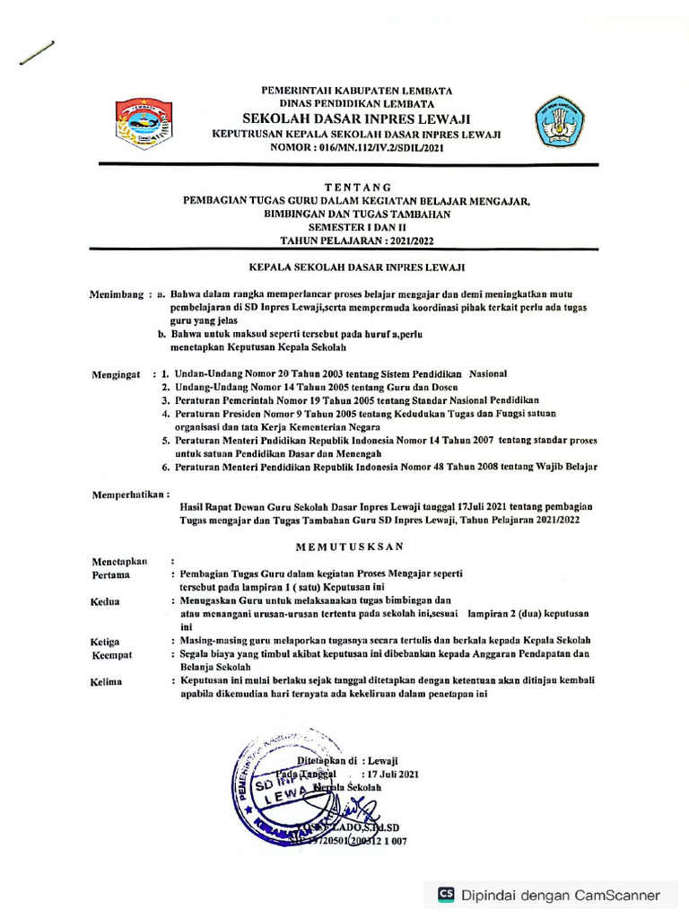 SK Pembagian Tugas Guru 20212022 | PDF