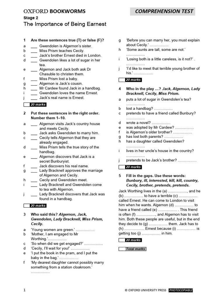 Comprehension Test: The Importance of Being Earnest | PDF | The ...