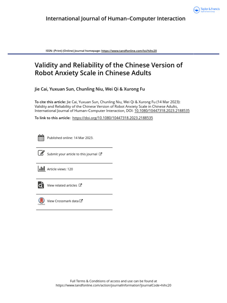 Validity and Reliability of The Chinese Version of Robot Anxiety Scale in Chinese Adults | PDF ...