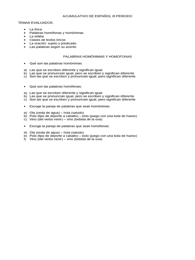 ACUMULATIVO DE ESPAÑOL III PERIODO.docx | PDF