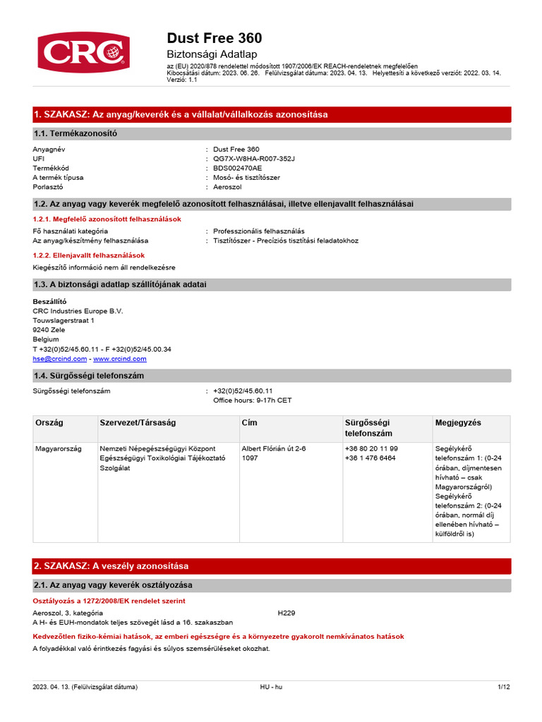 CRC Dust Free 360 FPS MSDS (HU) Dust Free 360-hungary-Hungarian-1-BDS002470AE | PDF