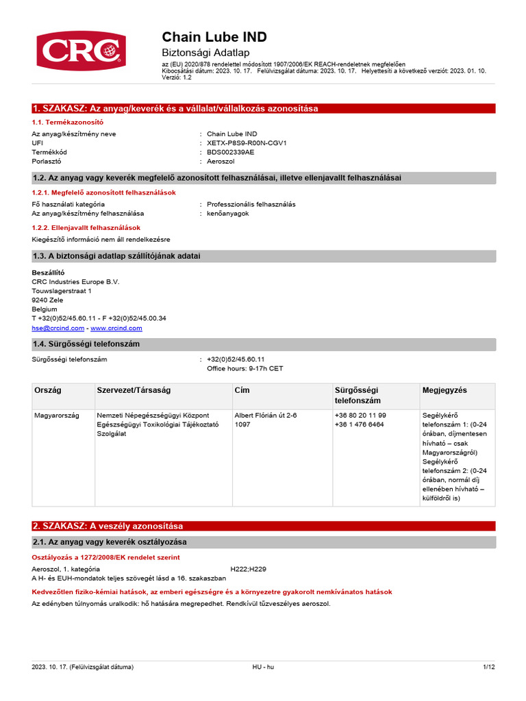 CRC Chain Lube Ind MSDS (HU) | PDF