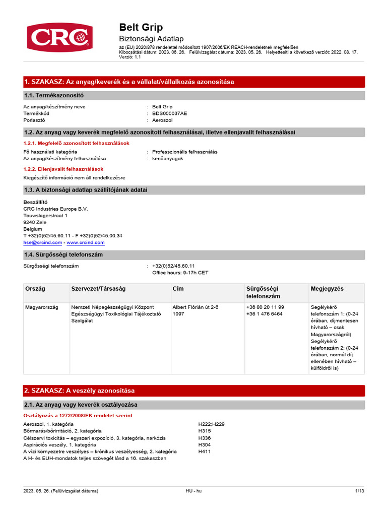 CRC Belt Grip MSDS (HU) | PDF