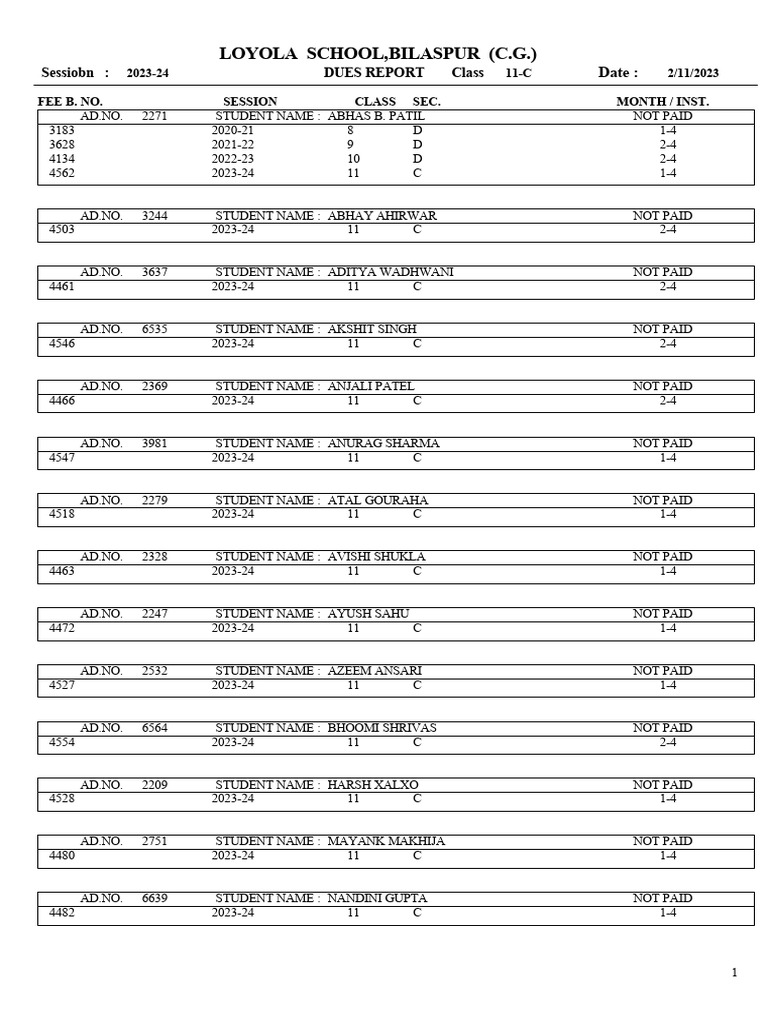 Loyola School, Bilaspur (C.G.) : Class Sessiobn: Dues Report | PDF