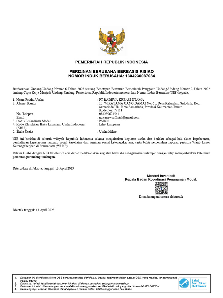 Nib PT Radeva Kreasi Utama | PDF