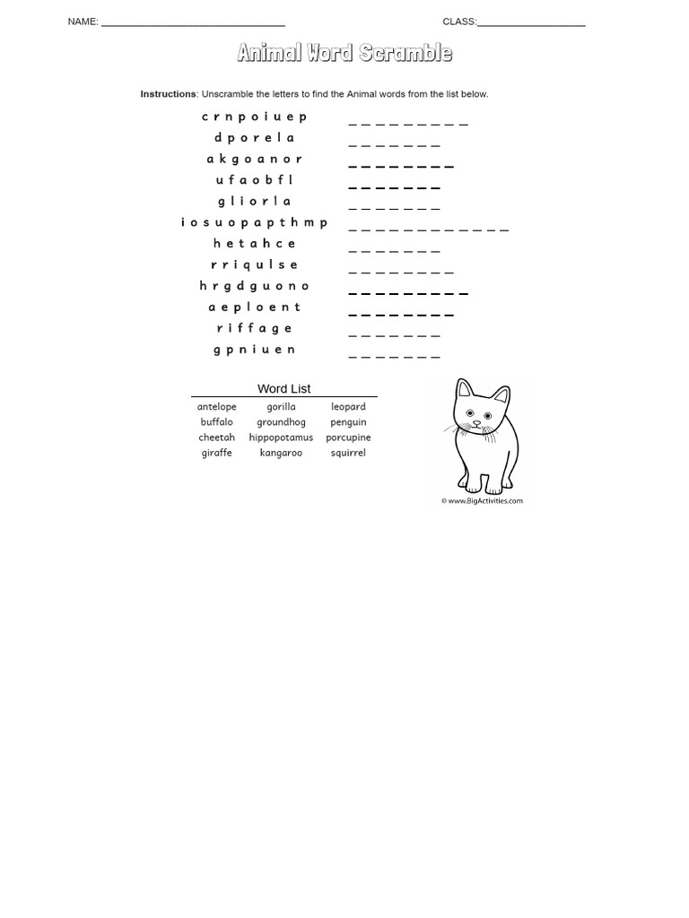 Animals - Super Hard Word Scramble | PDF