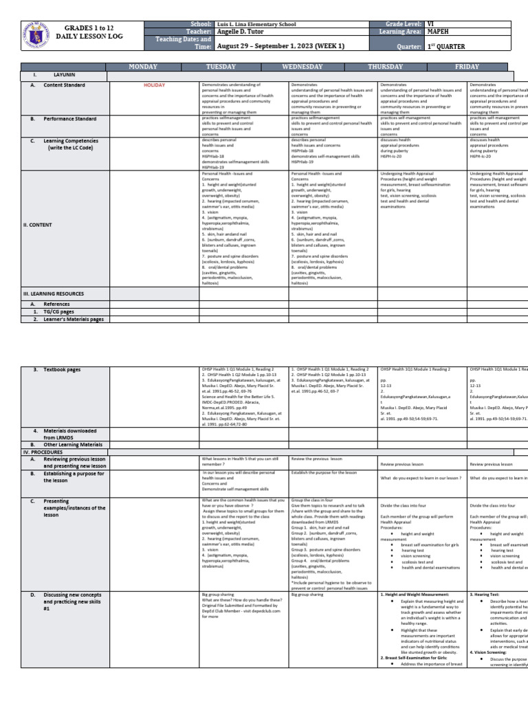 DLL - Mapeh 6 - Q1 - W1 (1) - Health | PDF | Screening (Medicine) | Scoliosis