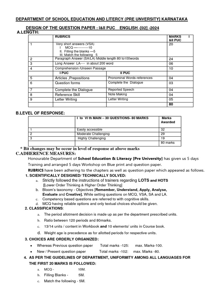DESIGN OF THE QUESTION PAPER 2 Puc | PDF | Verb | Question