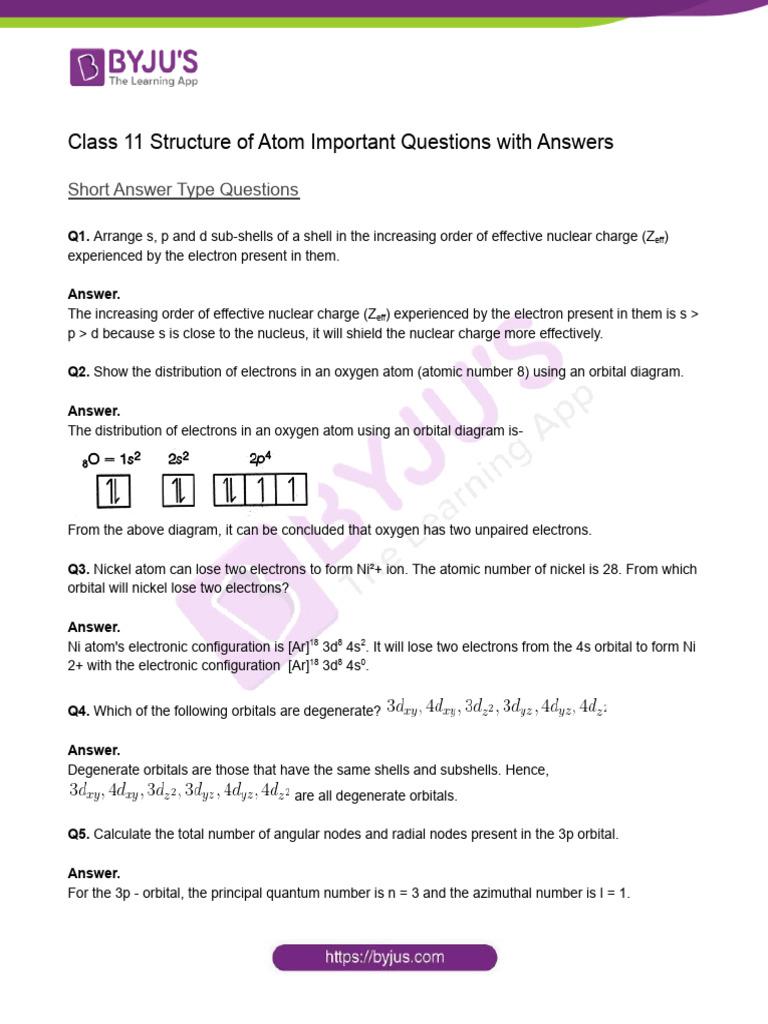 Class 11 Chemistry Important Question Answer of Chapter 2 (Structure of Atom) &chapter 3 ...
