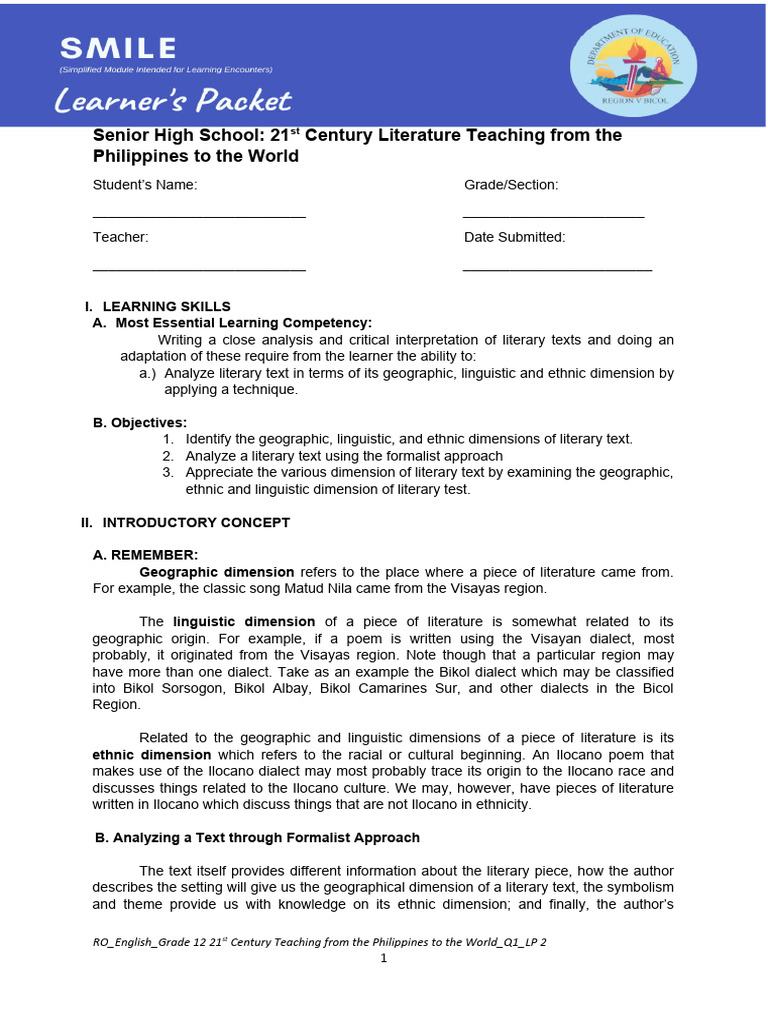 Senior High School: 21 Century Literature Teaching From The Philippines ...