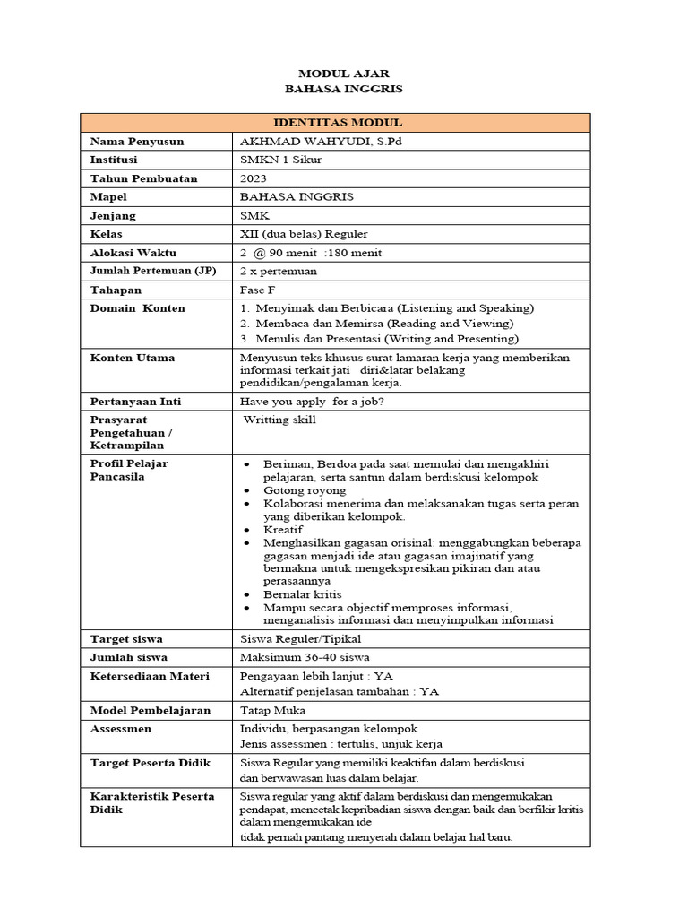 10 Modul Ajar 2 Applying For A Job | PDF | Bisnis | Seni