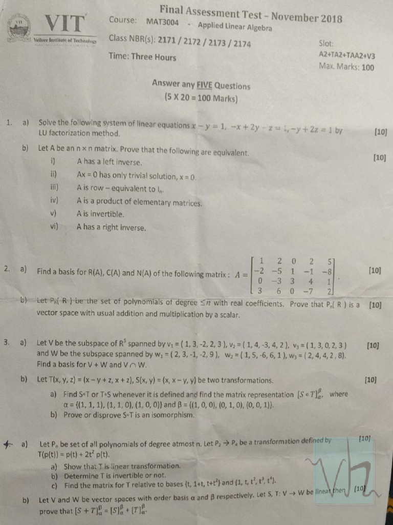 F Applied Linear Algebra MAT3004 A2 | PDF