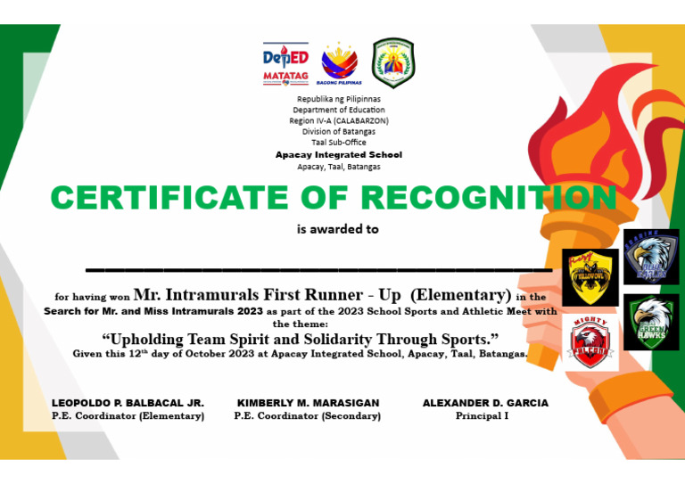 Certificates - Mr. & Miss Intramurals - Recognition | PDF