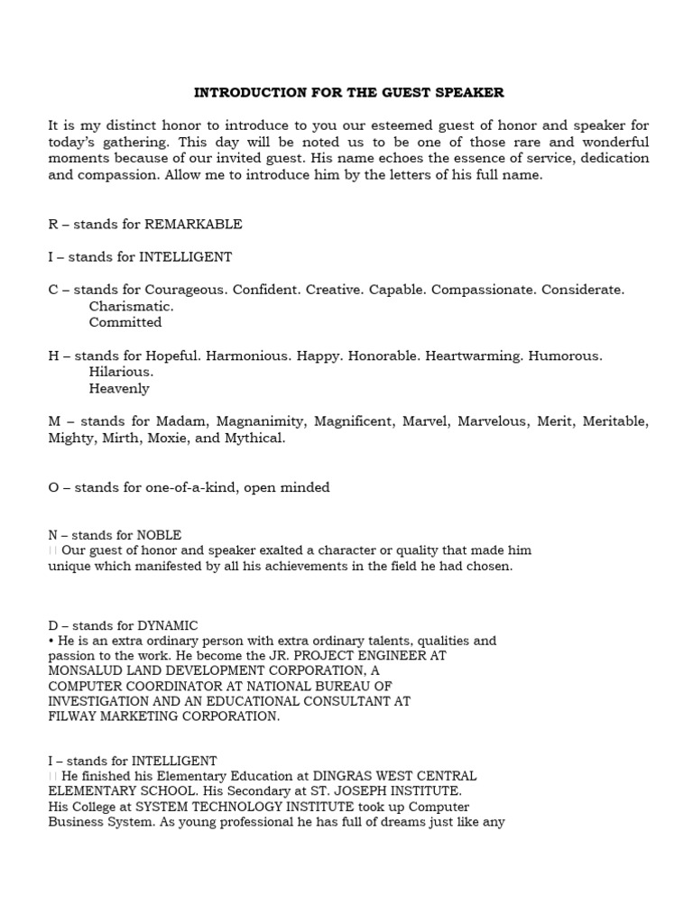 Introduction For The Guest Speaker | PDF