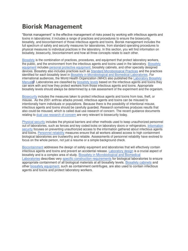 Biorisk Management Pdf Laboratories Safety