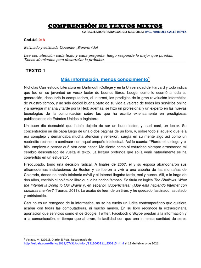 COMPRENSION DE TEXTOS MIXTOS-2-018-COD 4 Mas Informacion - Menos ...