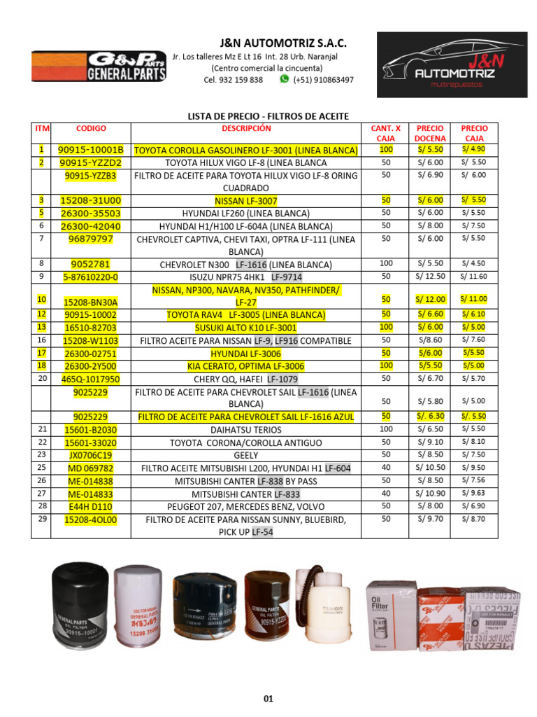 Lista de Precios de Filtros de Aceite | PDF | Vehículos de ruedas ...