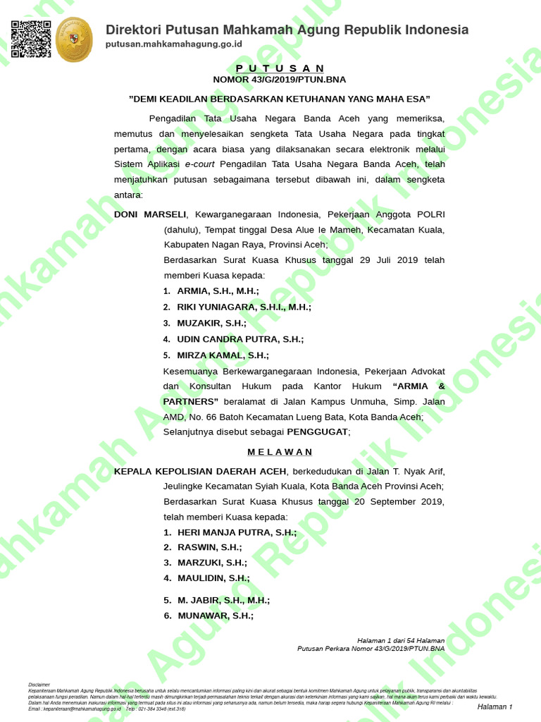 Putusan 43 G 2019 Ptun - Bna 20231105205219 | PDF