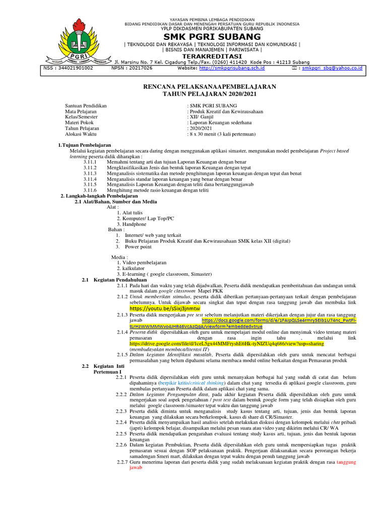 RPP Produk Kreatif Dan Kewirausahaan Kelas Xii | PDF