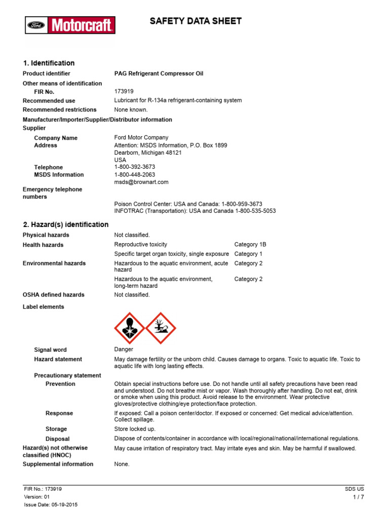 Pag Oil Msds | PDF | Dangerous Goods | Hazardous Waste