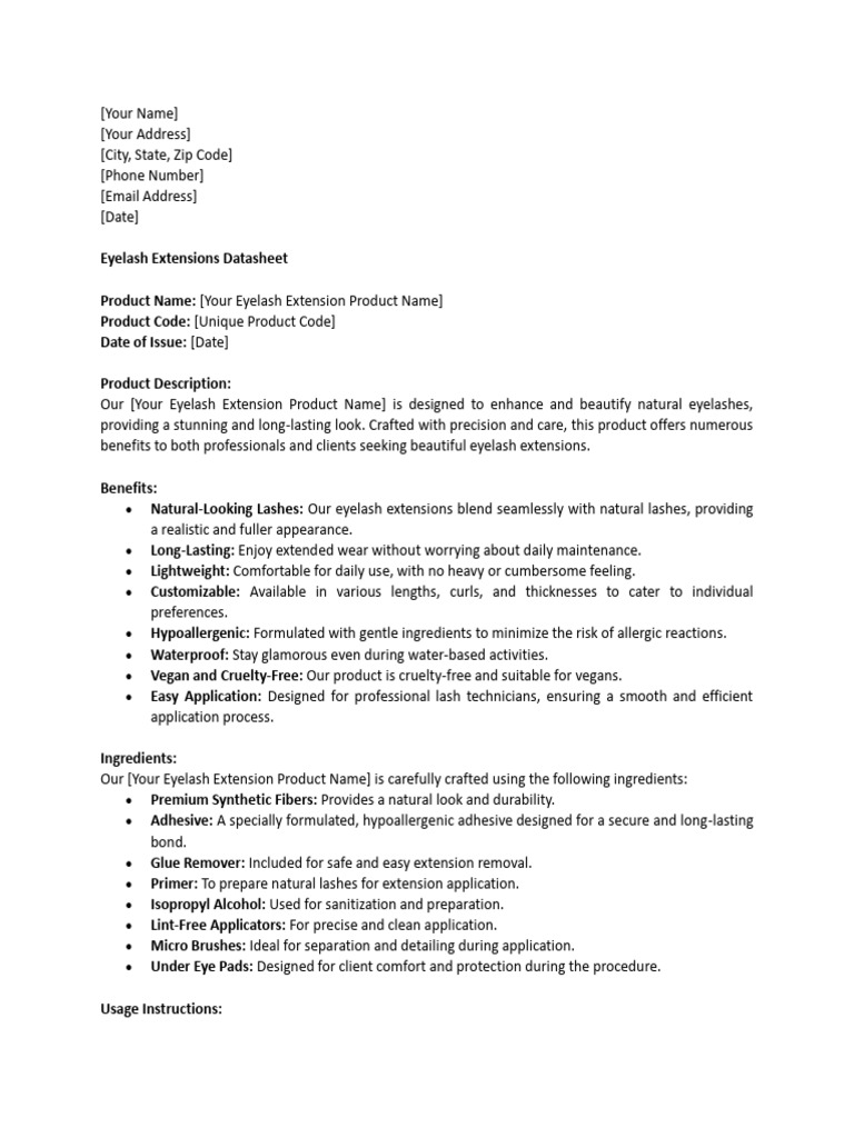 Eyelash Extensions Datasheet | PDF | Business | Technology & Engineering