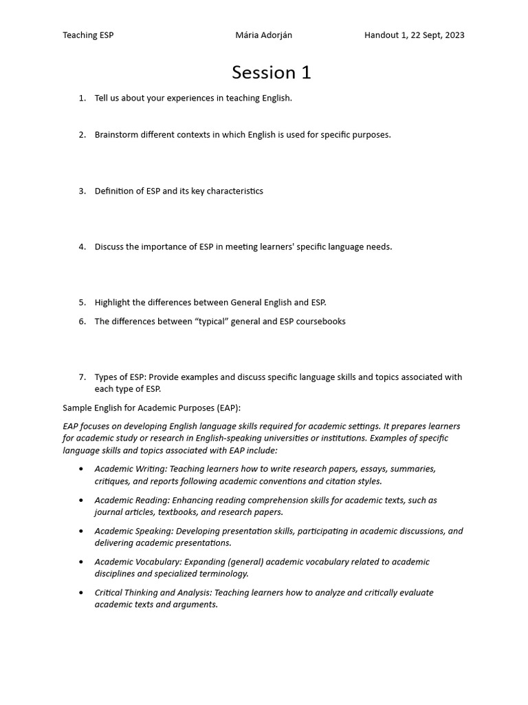 Handout 1 Teaching ESP | PDF | Pharmacy | Reading Comprehension