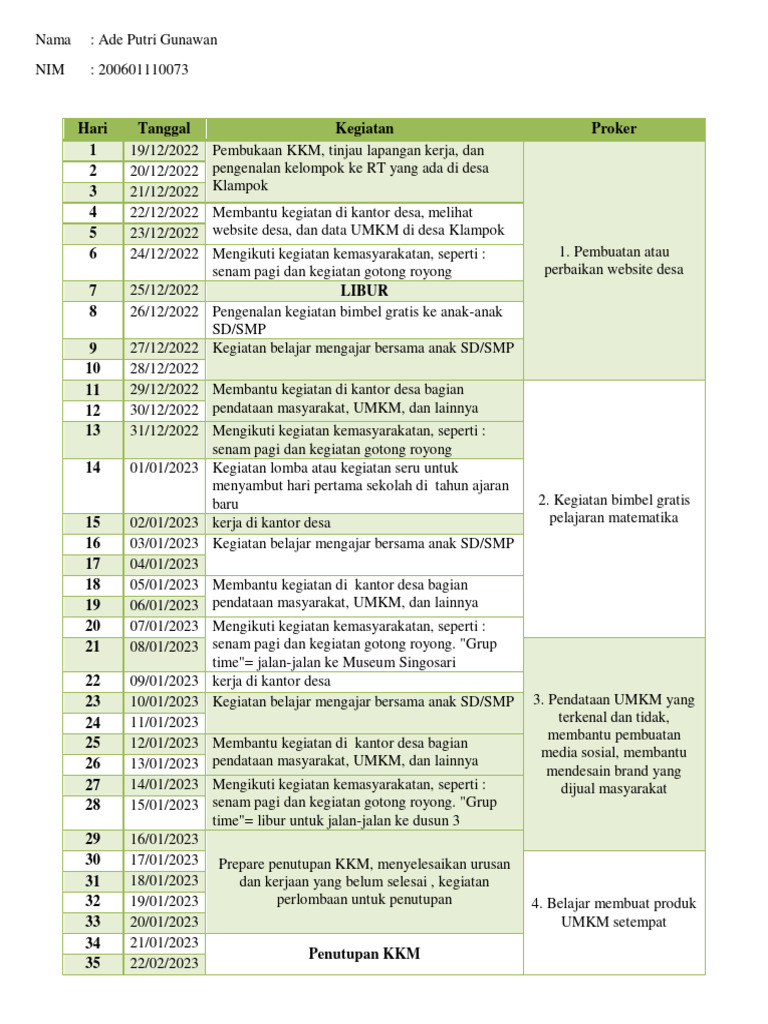 Ade Putri Gunawan - 200601110073 - Program Kerja | PDF