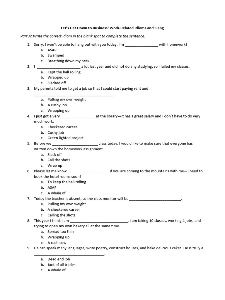 Unit 1 Work Related Idioms Activities | PDF