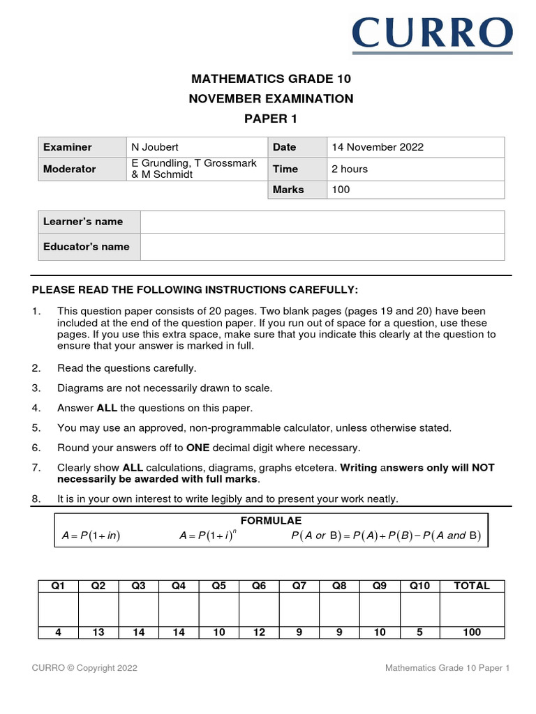 Gr10 Math P1 Nov 2022 | PDF | Interest | Cartesian Coordinate System Gr10 Math P1 Nov 2022 | PDF | Interest | Cartesian Coordinate System