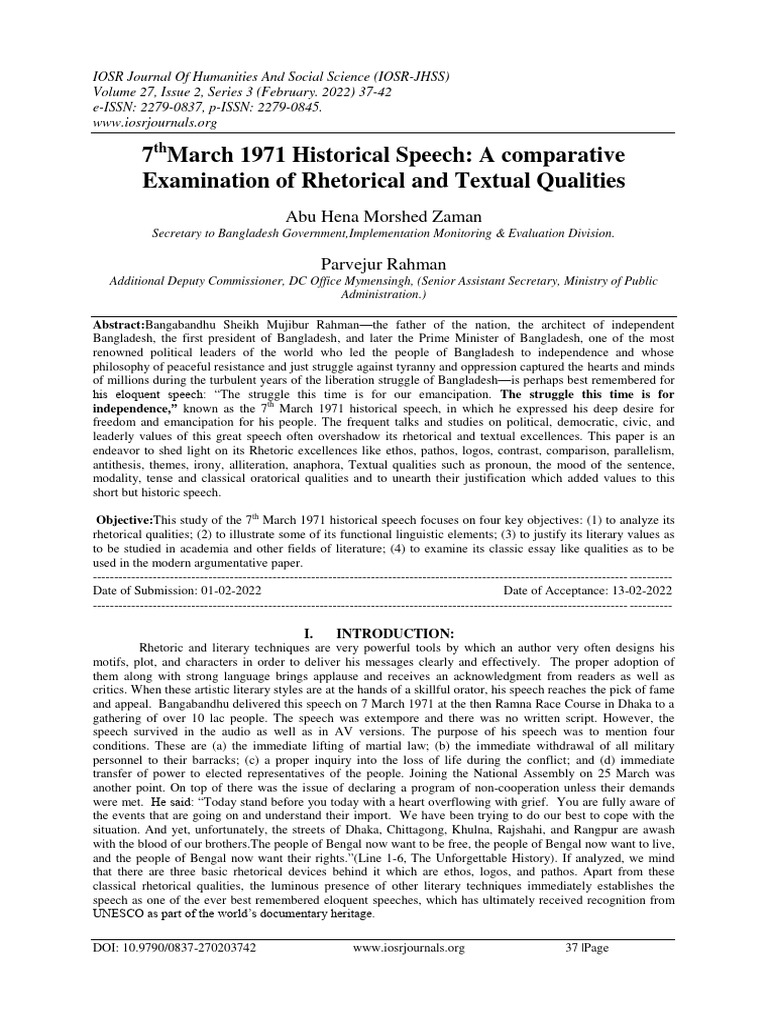 7 March 1971 Historical Speech: A Comparative Examination of Rhetorical ...