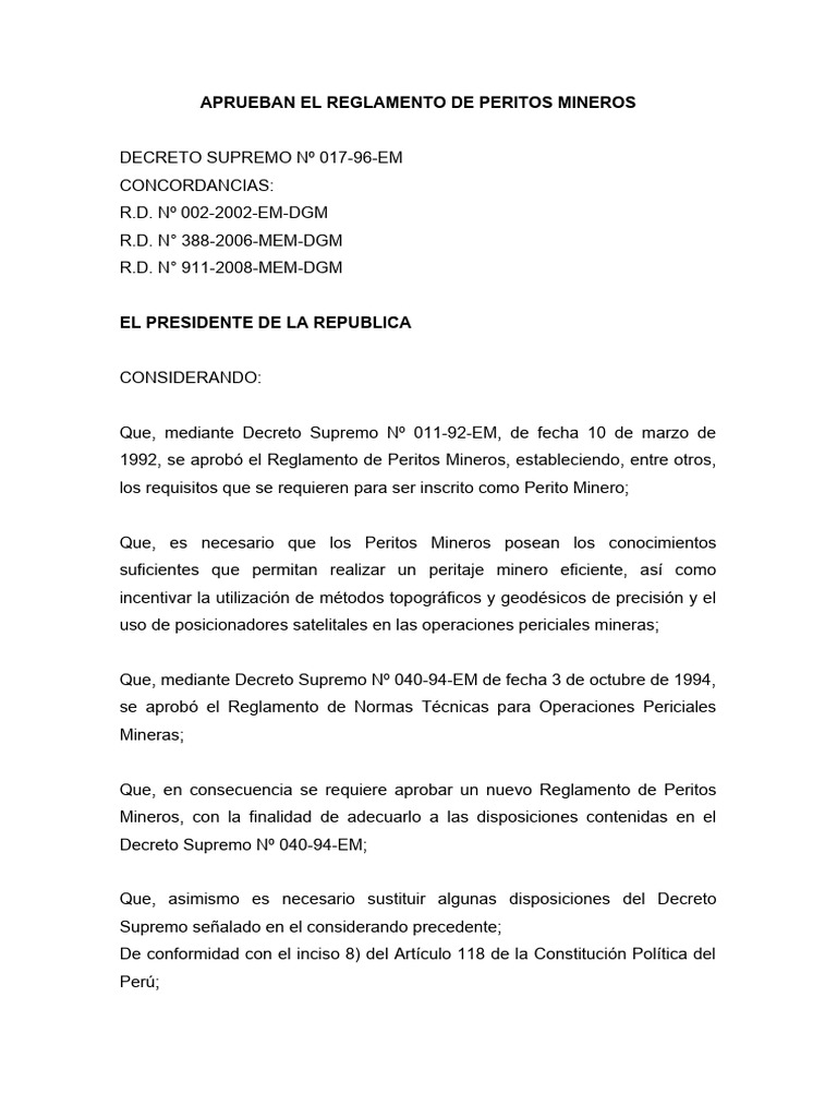 Aprueban El Reglamento de Peritos Mineros | PDF