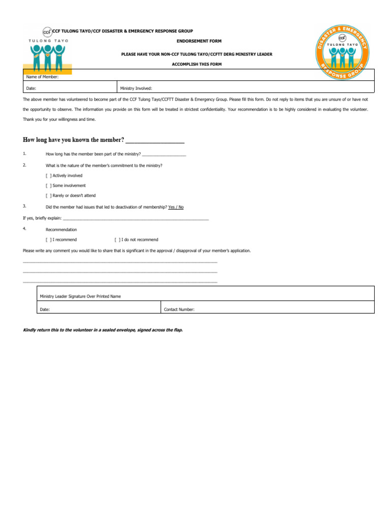 Ministry Leader Endorsement Form CCFTT | PDF