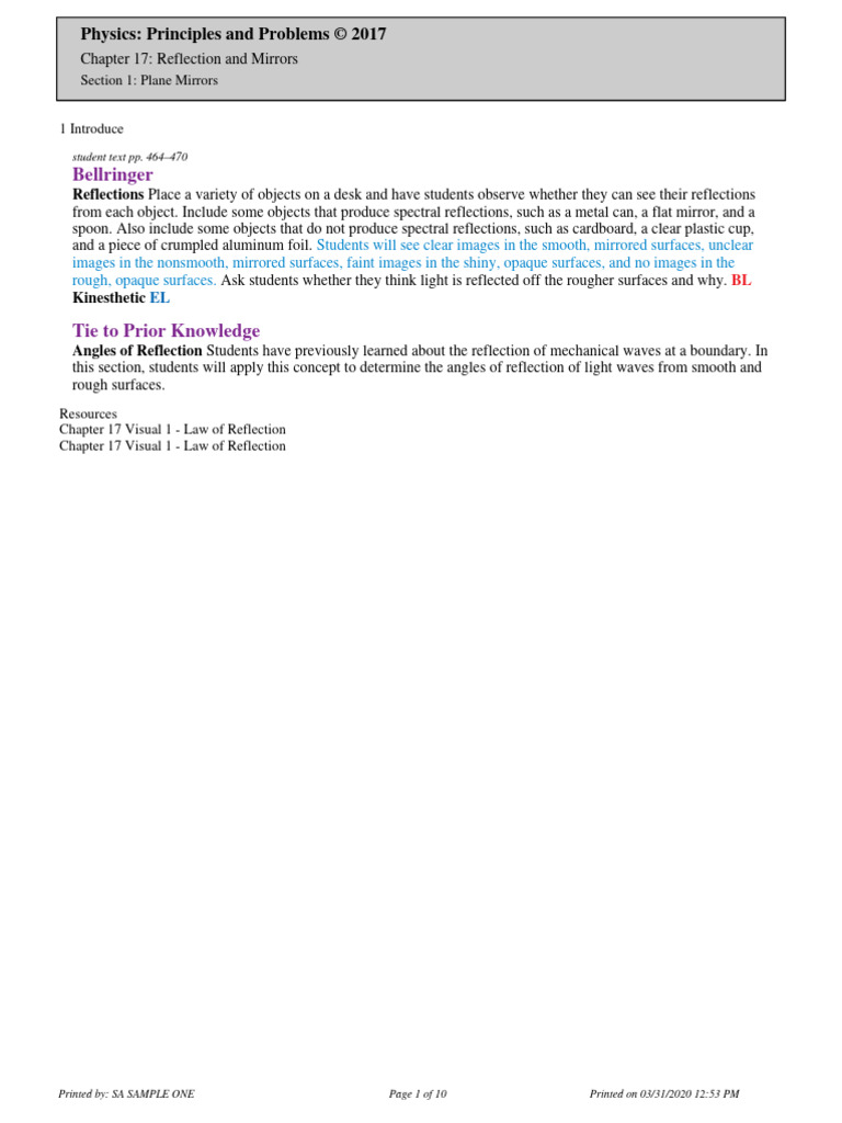 Lessonsections-17 1 | PDF | Mirror | Reflection (Physics)
