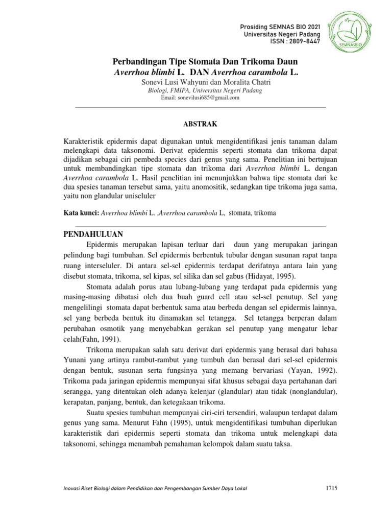Perbandingan Tipe Stomata Dan Trikoma Daun Averrhoa Blimbi L. DAN ...