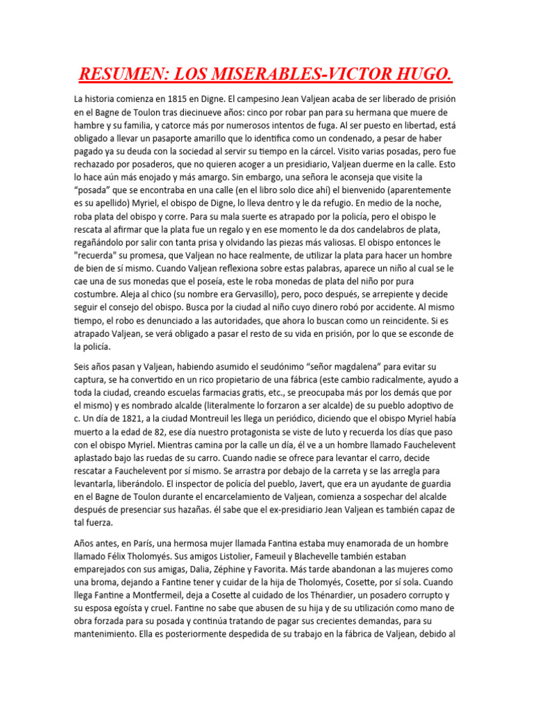 Resumen Los Miserables Victor Hugo | PDF
